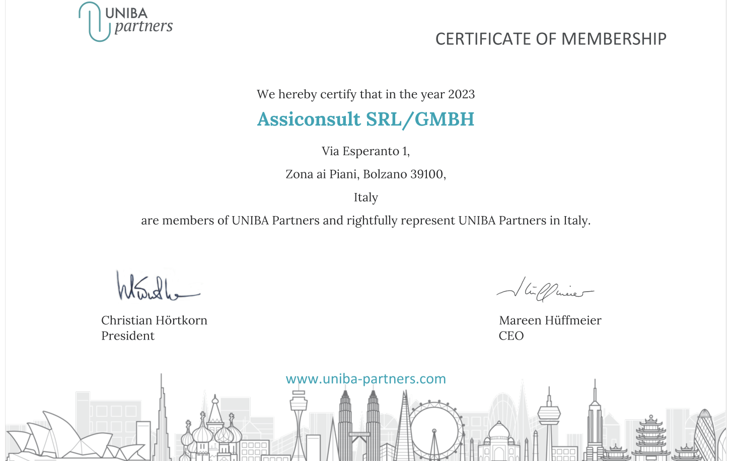UNIBA Partners' 2023 Membership Certificate
